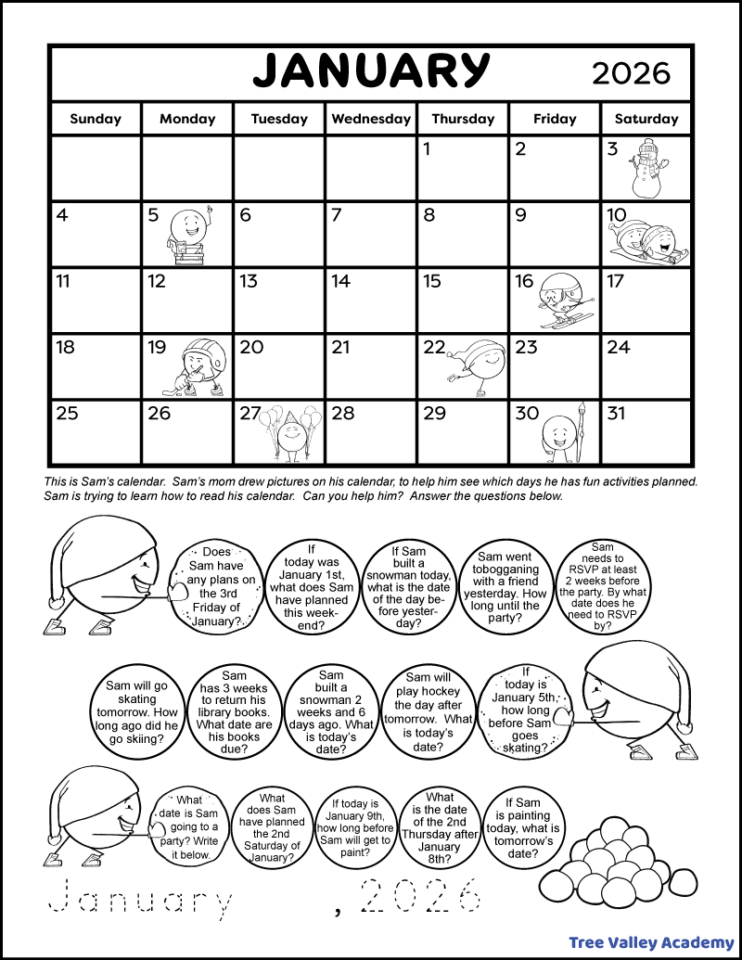 1st & 2nd Grade Calendar Math Worksheets - Tree Valley Academy