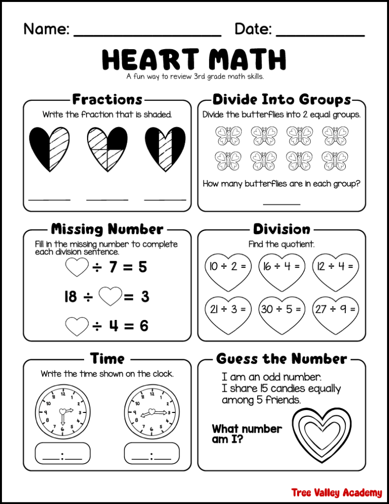 Free 3rd Grade Heart Themed Math Worksheets (3-Page Printable)