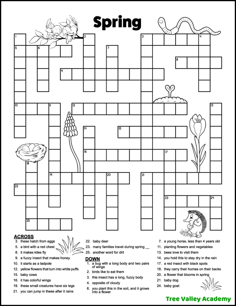 Spring Crossword Puzzles for Kids - Tree Valley Academy