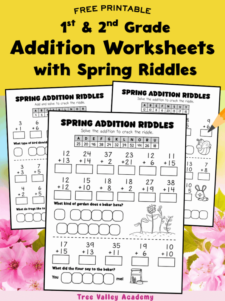 Spring Addition Riddles Worksheets (1st & 2nd Grade)