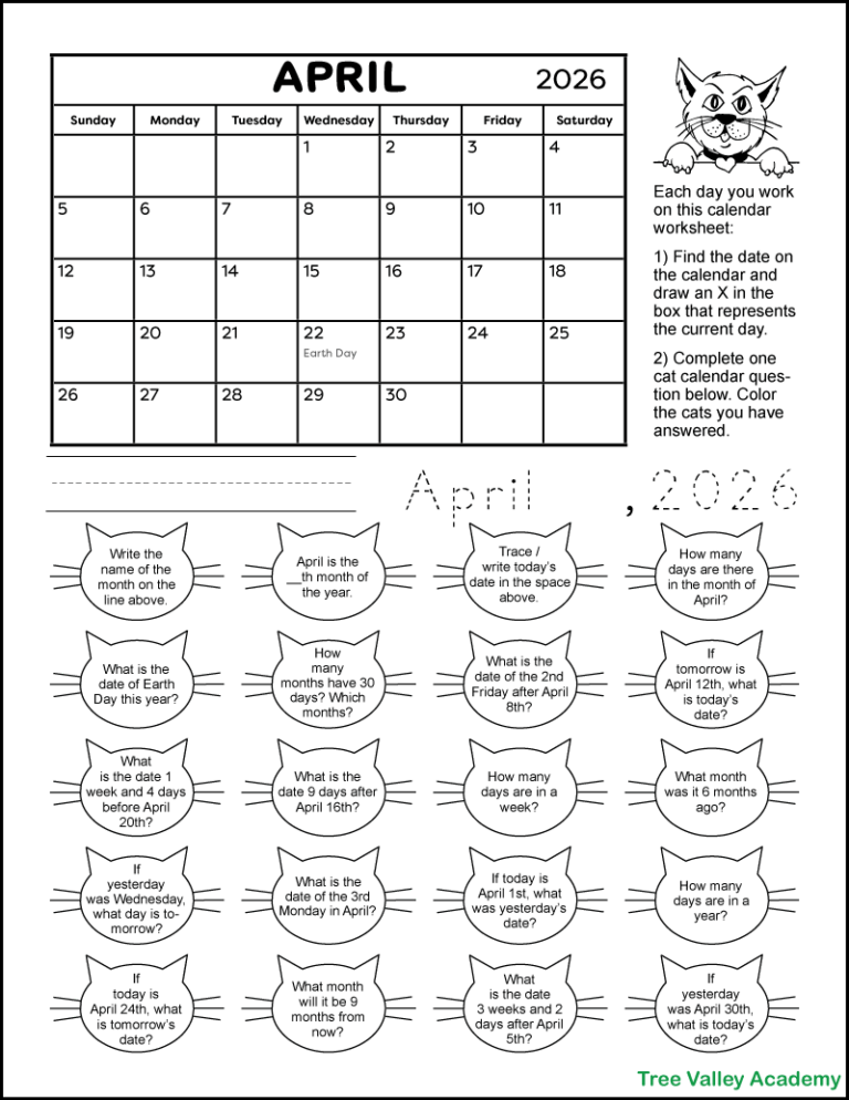 April 2026 Calendar & Worksheets - Tree Valley Academy