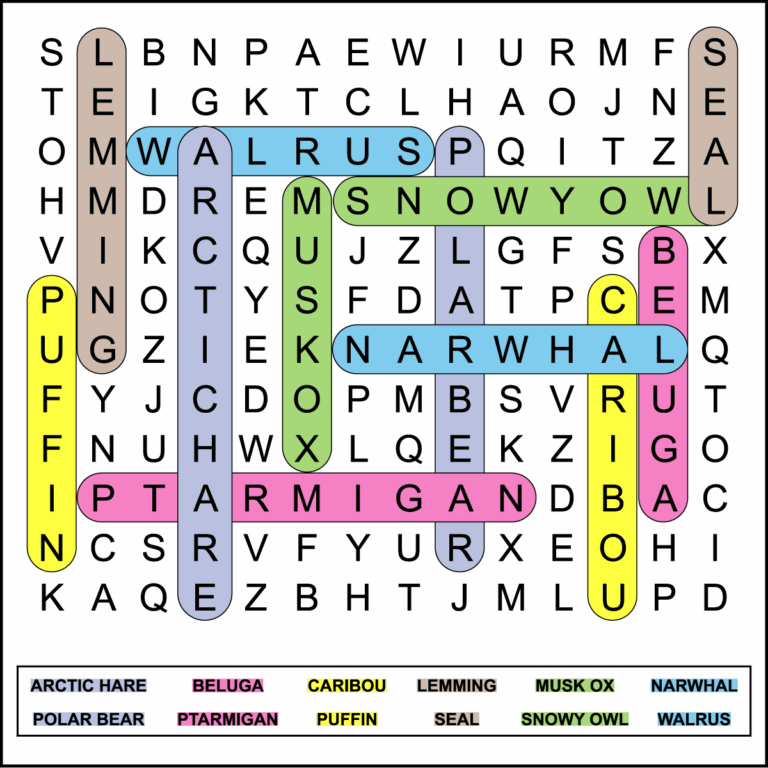 Easy Arctic Animals Word Search - Tree Valley Academy