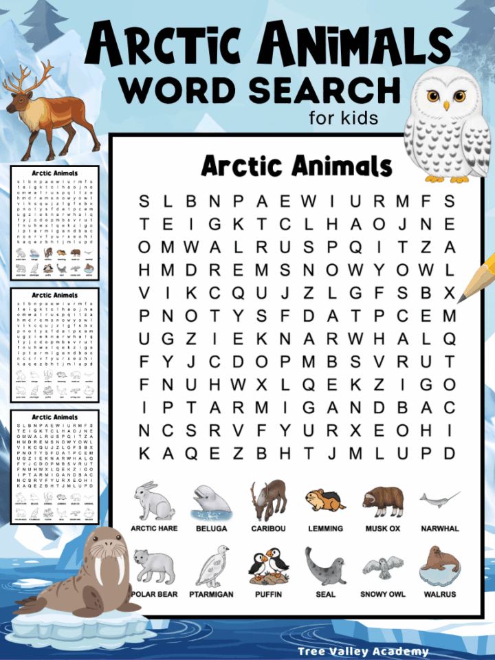 Easy Arctic Animals Word Search - Tree Valley Academy