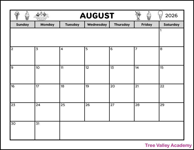 Printable August 2026 Calendar & Worksheets for Kids