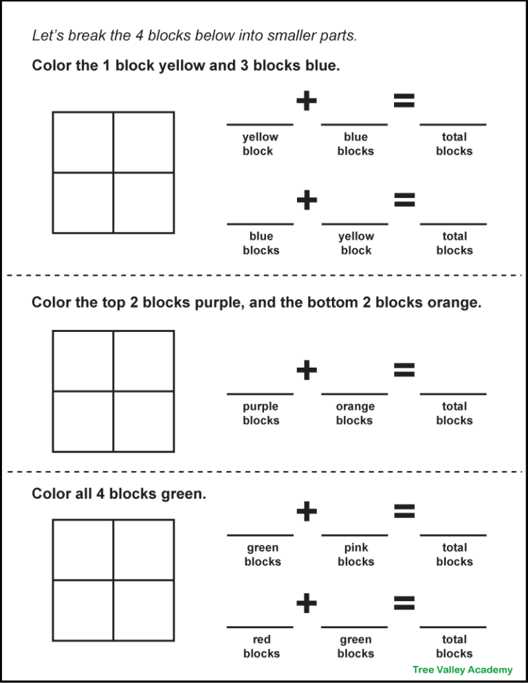 Number Bonds of 4 Math Worksheets - Tree Valley Academy