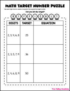 Math Target Number Puzzles (Use the Digits to Make the Number)
