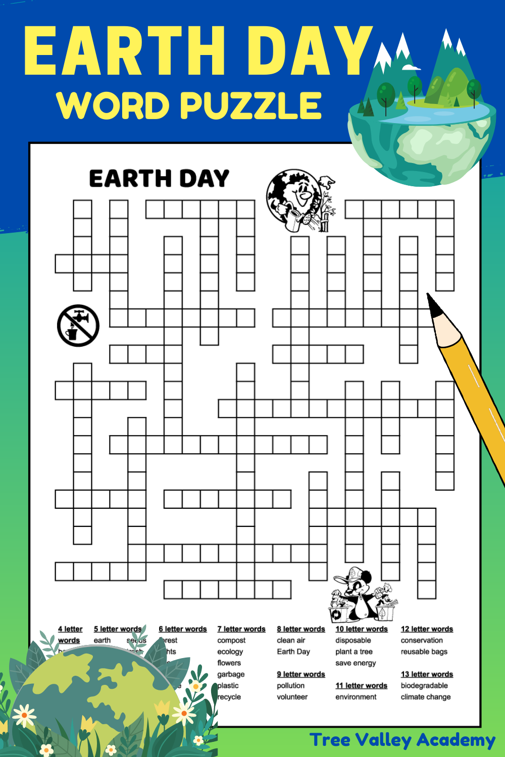 Fun Earth Day Fill In Word Puzzle Activity for Older Kids