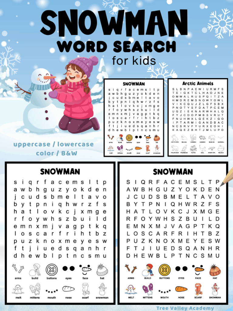 Easy Snowman Word Search - Tree Valley Academy