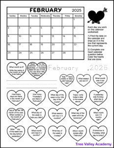February 2025 Printable Calendar Worksheet for Grade 1 & 2