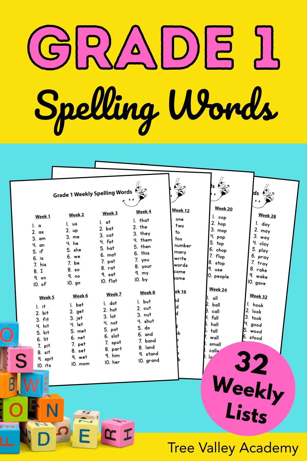 1st Grade Spelling Words - 32 Weekly Spelling Lists