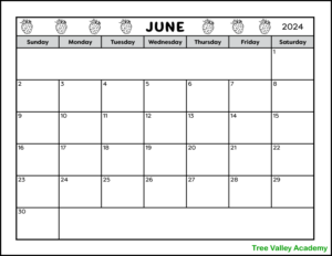 Calendar Worksheet for June 2024 - Tree Valley Academy
