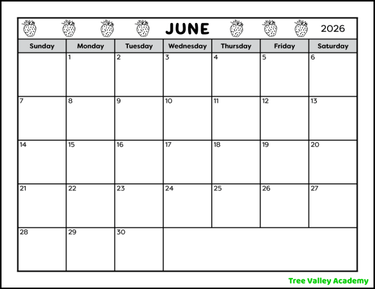 Calendar Worksheet for June 2026 - Tree Valley Academy