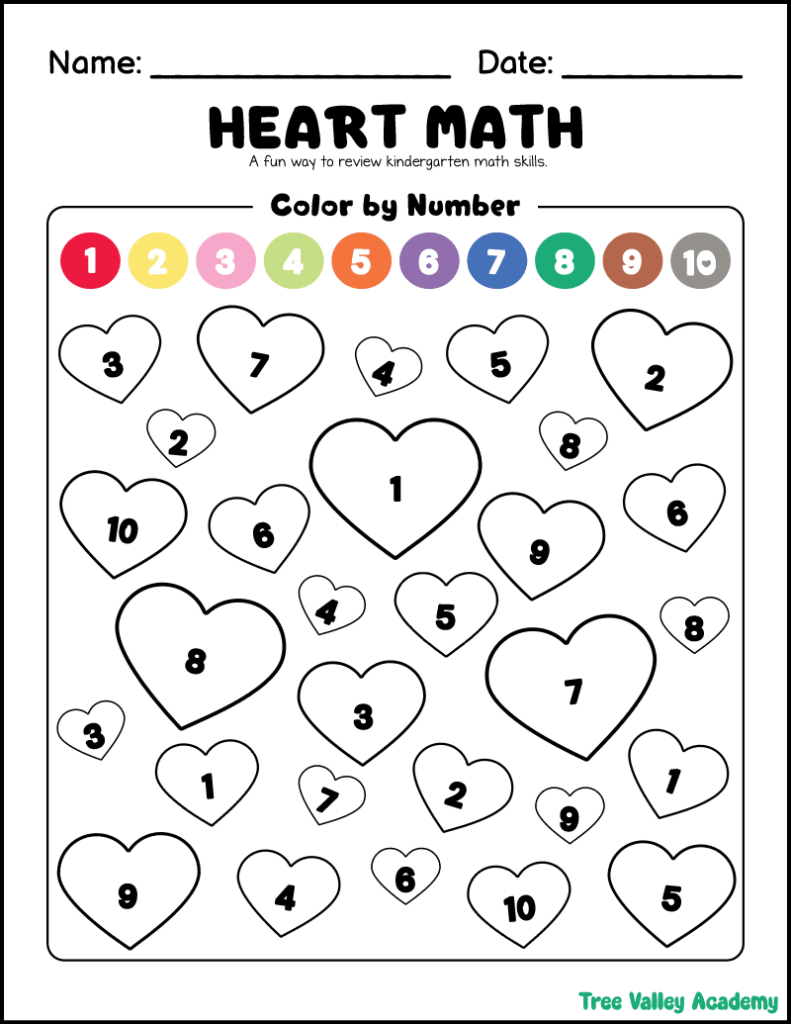 Free Kindergarten Heart Themed Math Worksheets