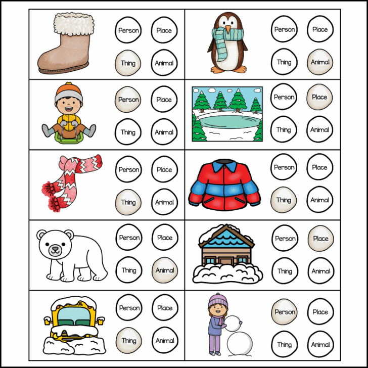 Kindergarten Winter Nouns Worksheets - Tree Valley Academy
