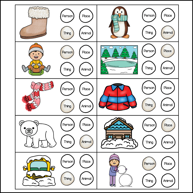 Kindergarten Winter Nouns Worksheets - Tree Valley Academy