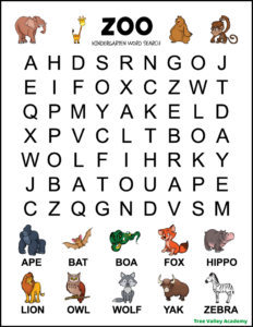 Kindergarten Zoo Animal Word Search - Tree Valley Academy
