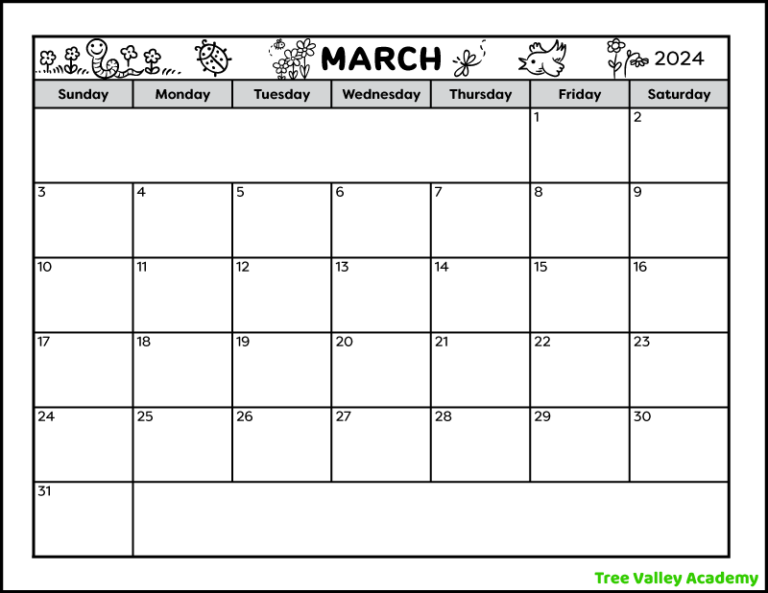 Calendar Worksheet for March 2024 - Tree Valley Academy