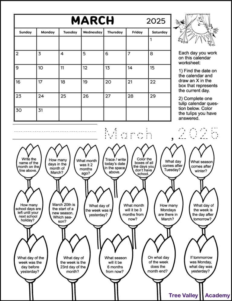 Calendar Worksheet for March 2025 - Tree Valley Academy