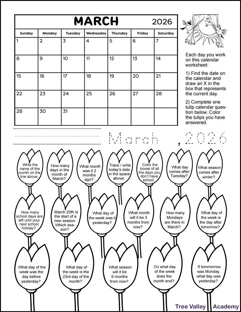 Calendar Worksheet for March 2026 - Tree Valley Academy