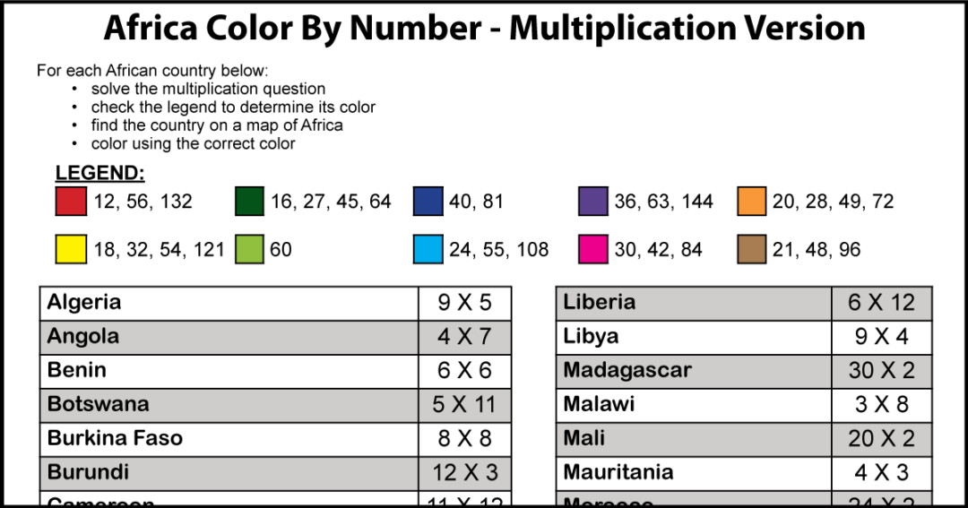 Multiplication Coloring Activity - Color By Number of Africa