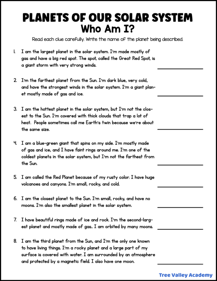Planets Worksheets - Tree Valley Academy