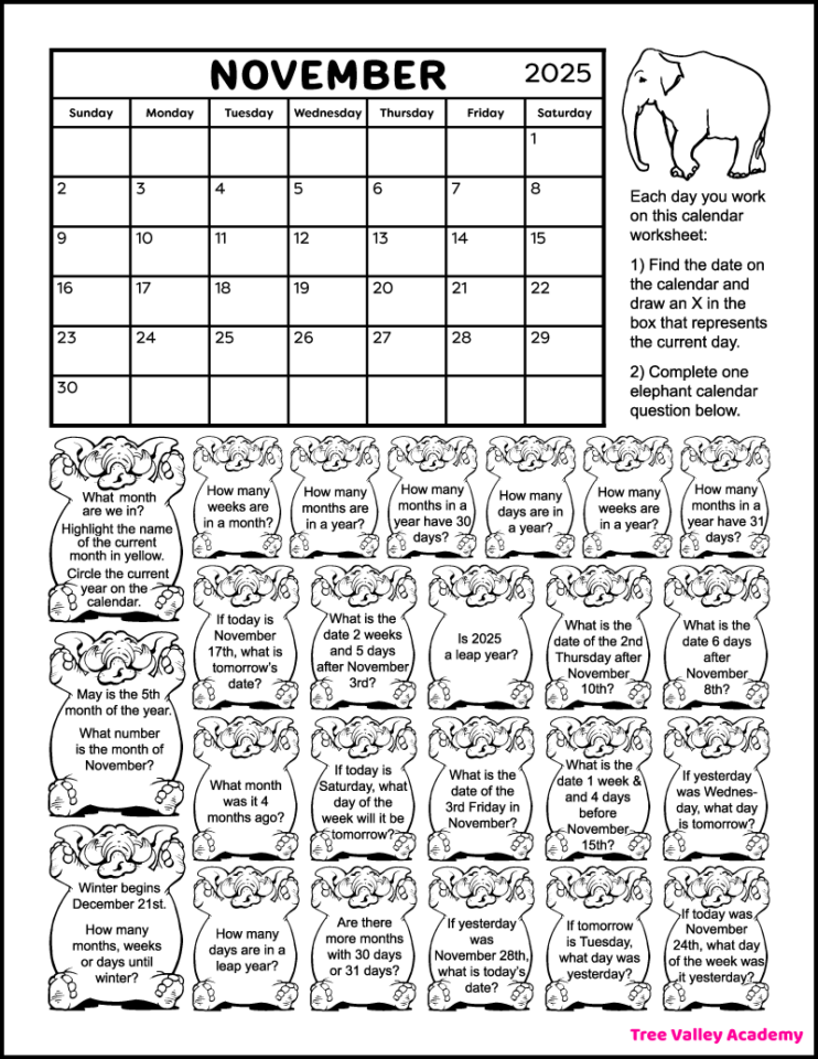 Kids Printable Calendar Worksheet for November 2025