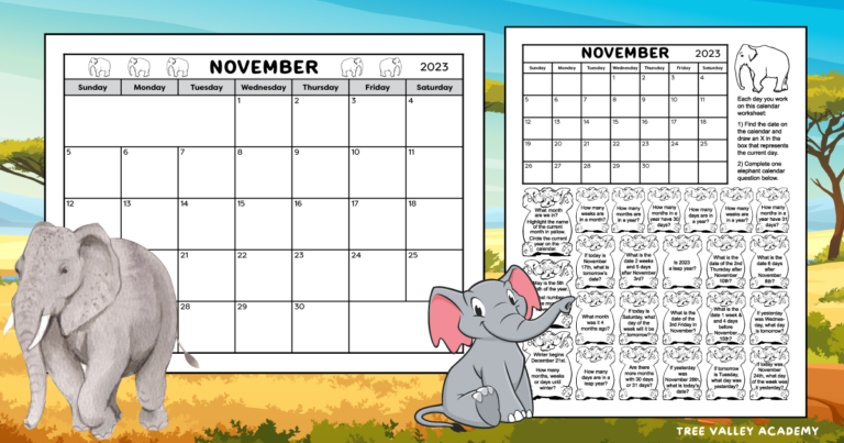 Kids Printable Calendar Worksheet for November 2024