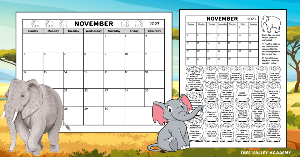 Kids Printable Calendar Worksheet for November 2024