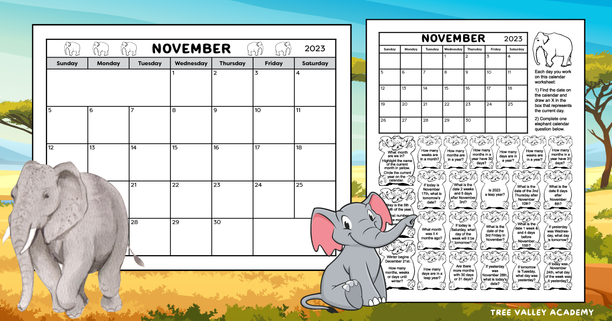 Kids Printable Calendar Worksheet for November 2025