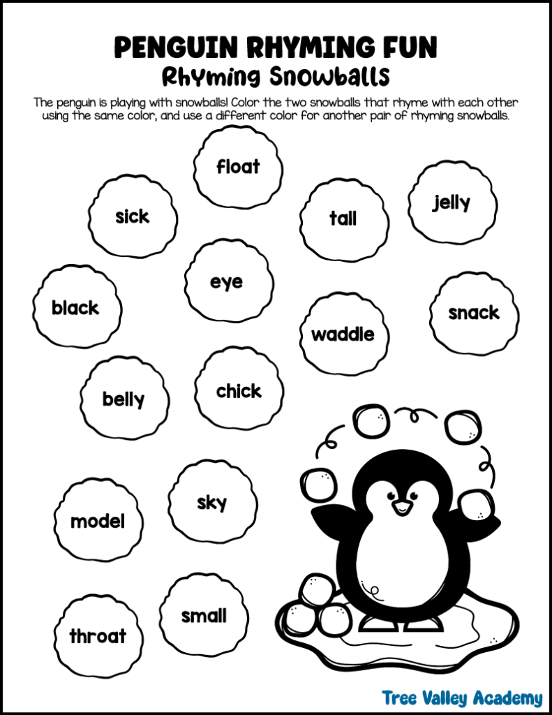 Winter Penguin Rhyming Words Worksheets (Free Printable PDF)