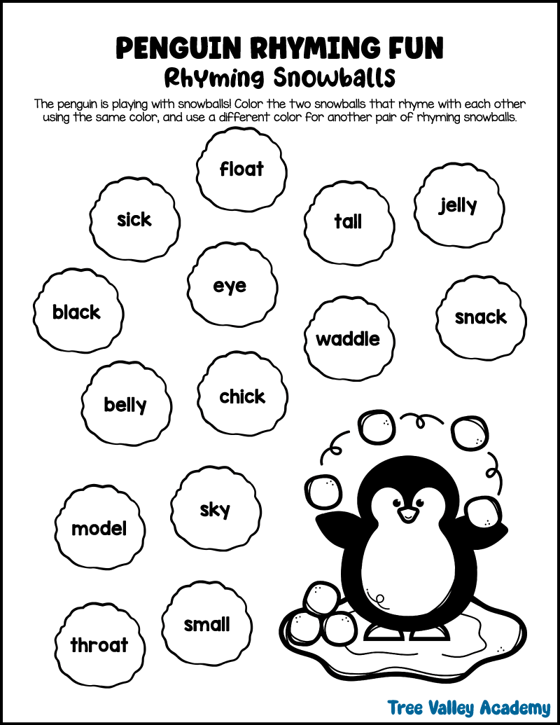 Winter Penguin Rhyming Words Worksheets (Free Printable PDF)