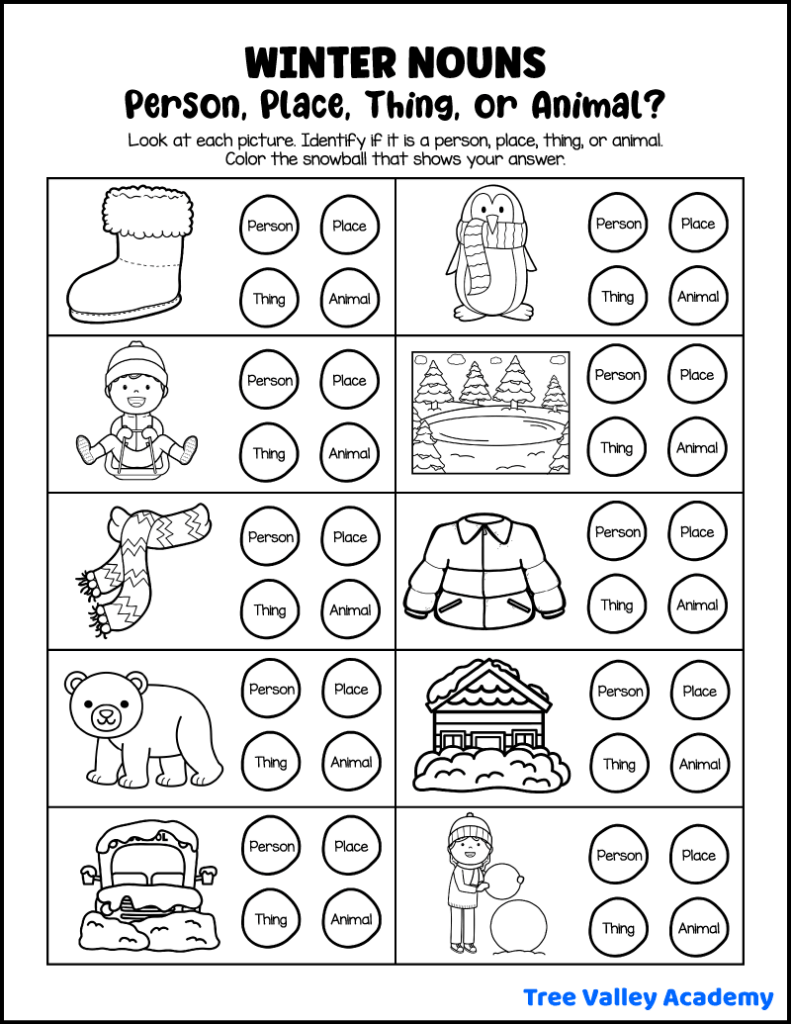 Kindergarten Winter Nouns Worksheets - Tree Valley Academy