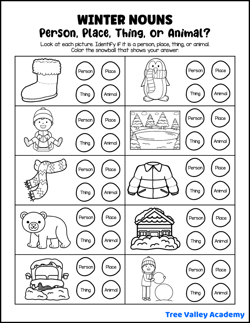Kindergarten Winter Nouns Worksheets - Tree Valley Academy