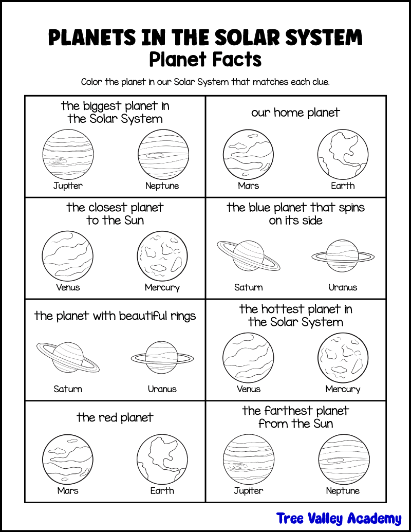 Kindergarten Planets Worksheets - Tree Valley Academy