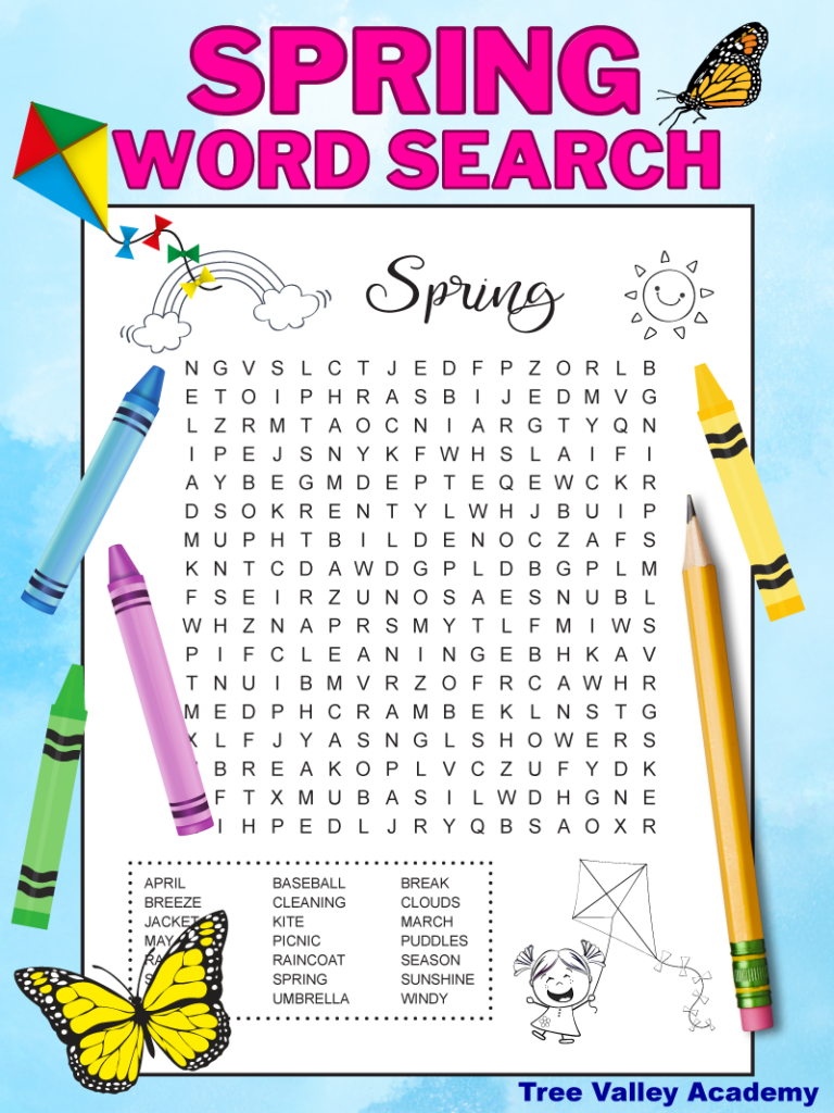 Spring Word Search for Kindergarten - Tree Valley Academy