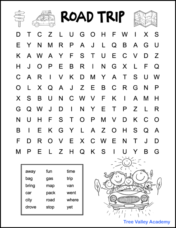 Easy Road Trip Word Search for Kids - Tree Valley Academy