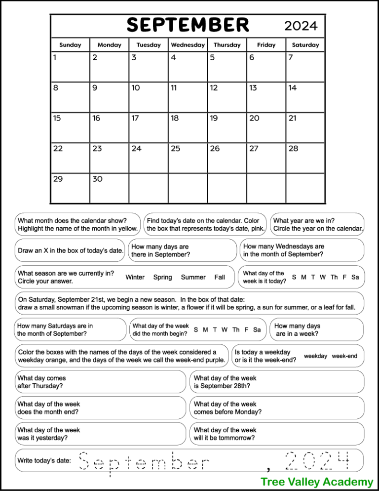 Calendar Worksheets for September 2024 - Tree Valley Academy