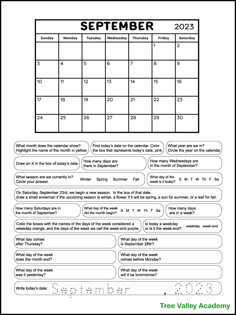 September 2026 Calendar Worksheets - Tree Valley Academy