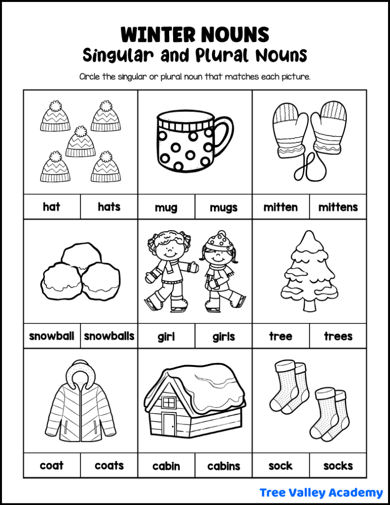 Kindergarten Winter Nouns Worksheets - Tree Valley Academy