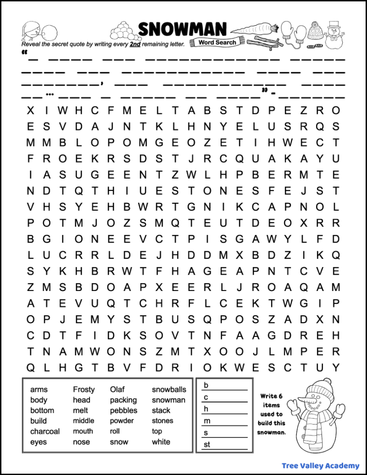 Snowman Word Search with Secret Message