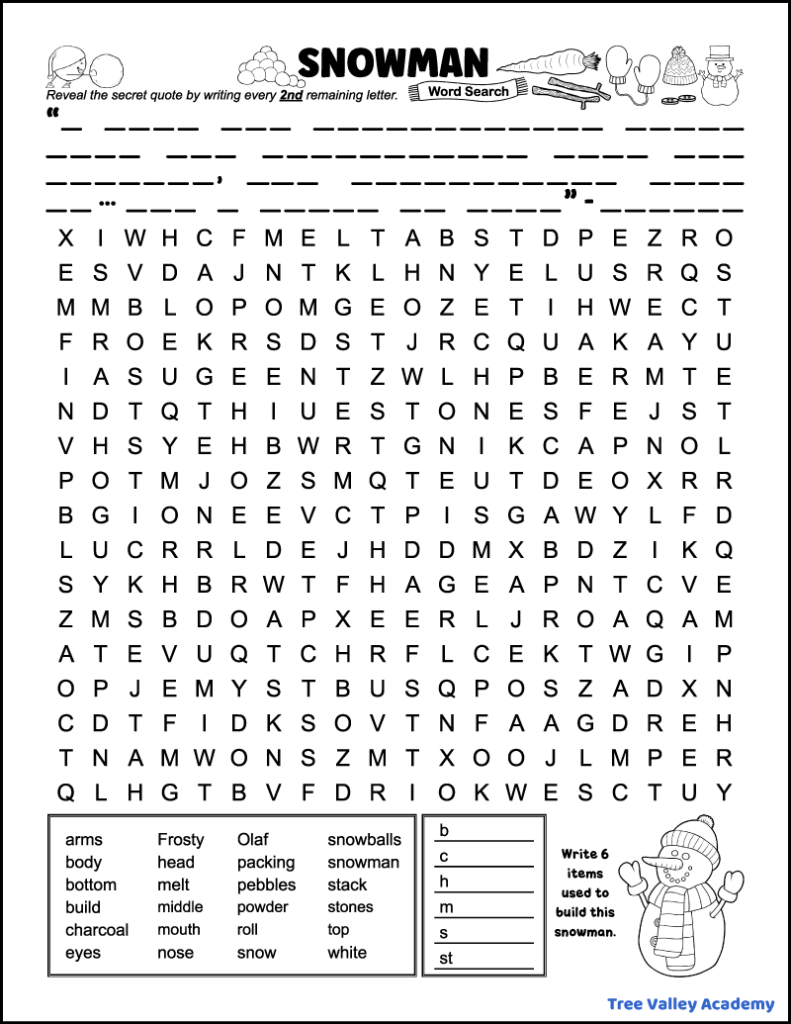 Snowman Word Search with Secret Message