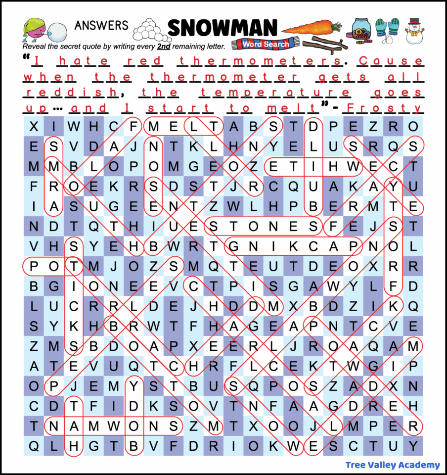 Snowman Word Search with Secret Message