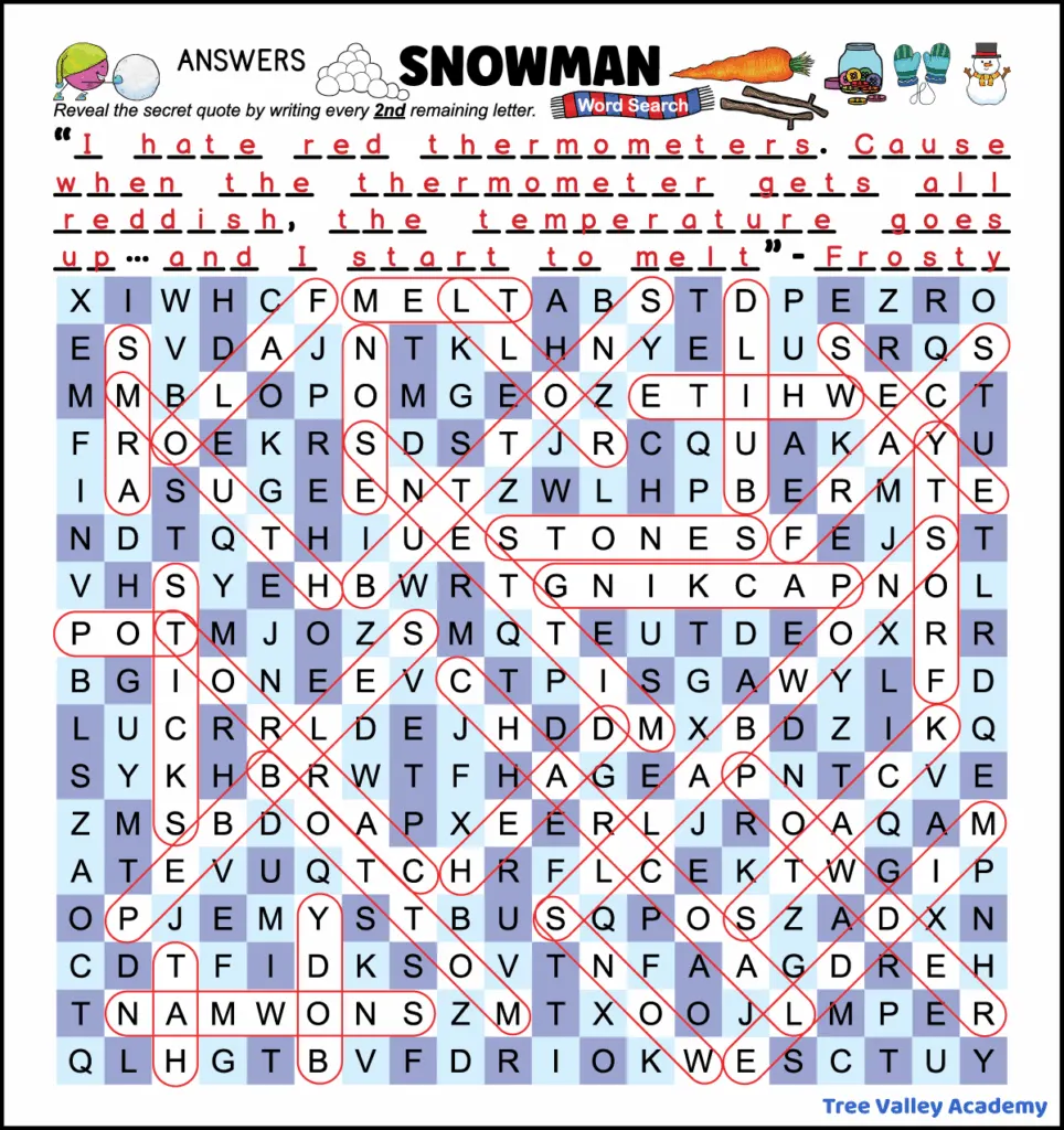 Snowman Word Search with Secret Message