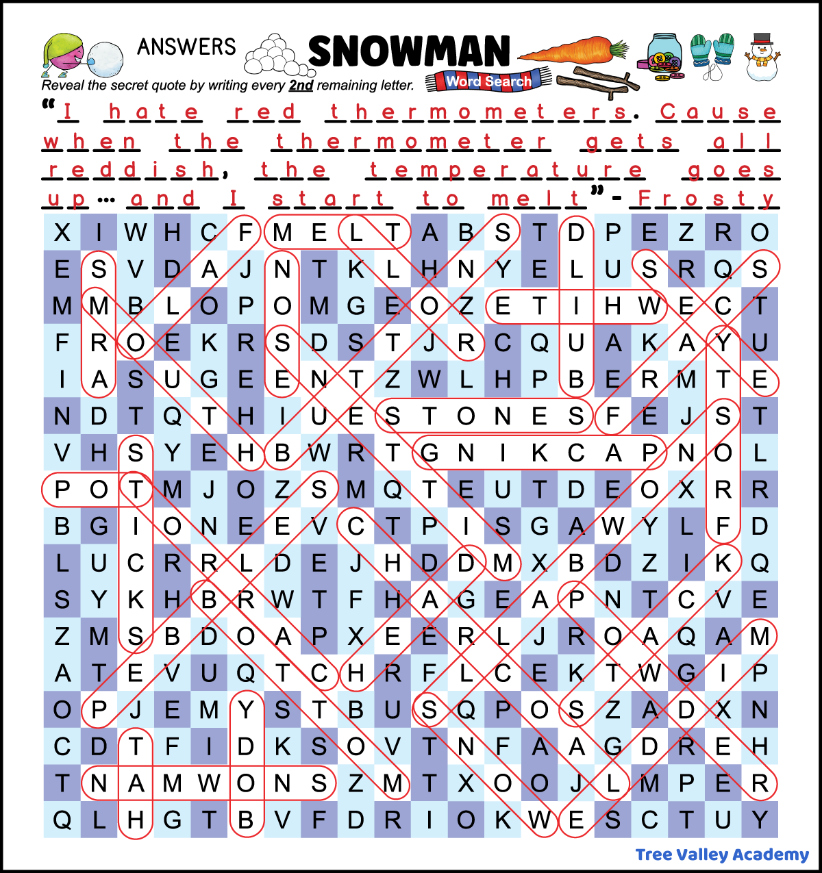 Snowman Word Search with Secret Message