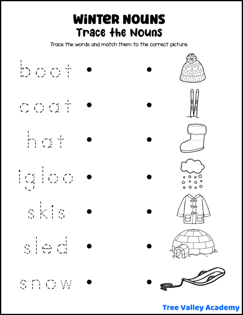 Kindergarten Winter Nouns Worksheets - Tree Valley Academy