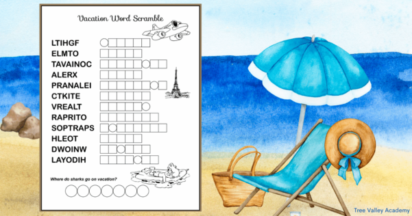 Vacation & Travel Themed Word Scramble for Kids
