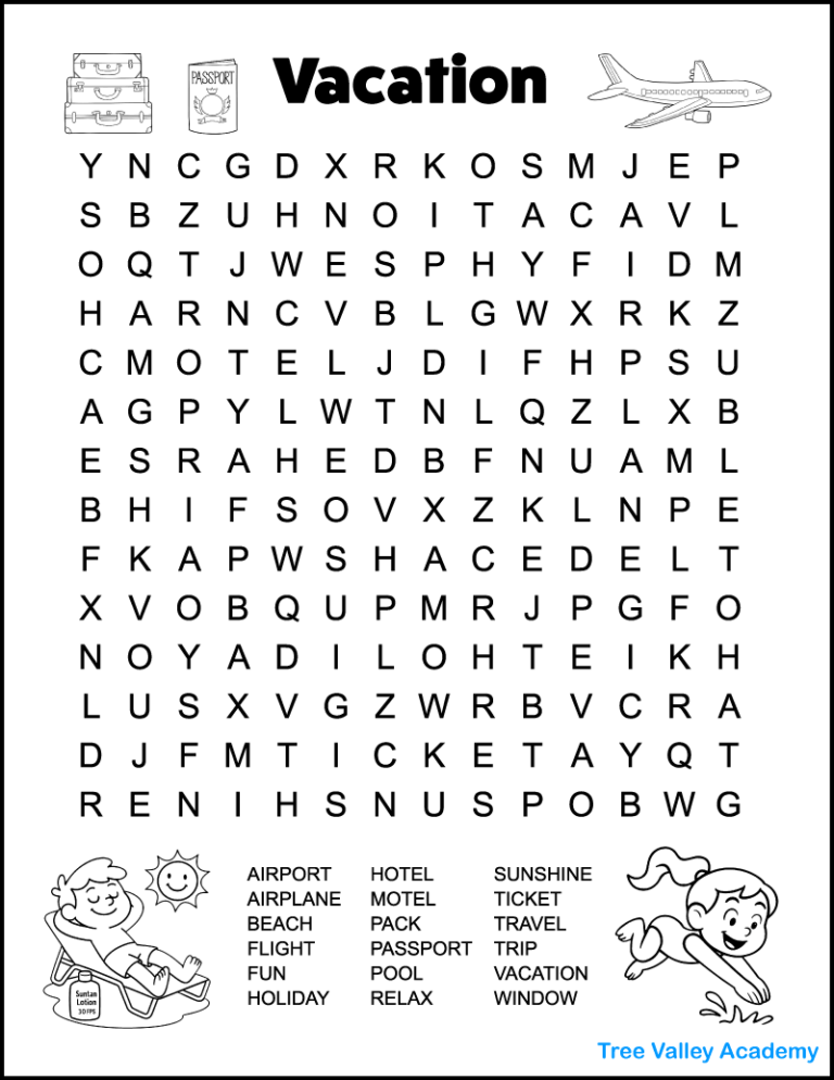 Printable Vacation Word Search for Kids - Tree Valley Academy
