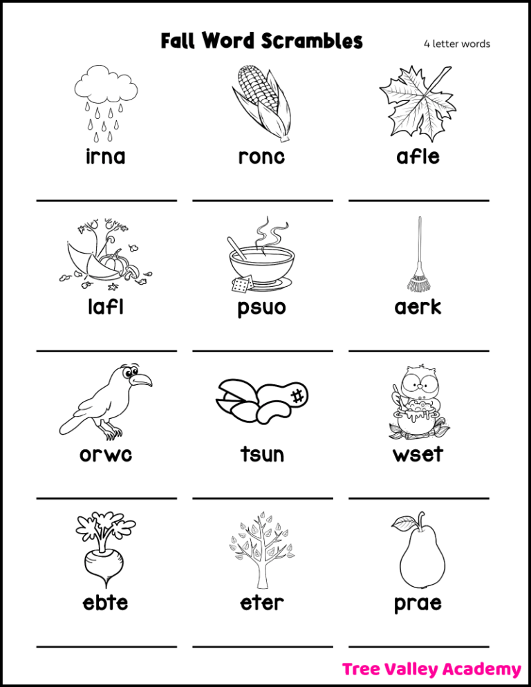 Fall Word Scramble Worksheets - Tree Valley Academy