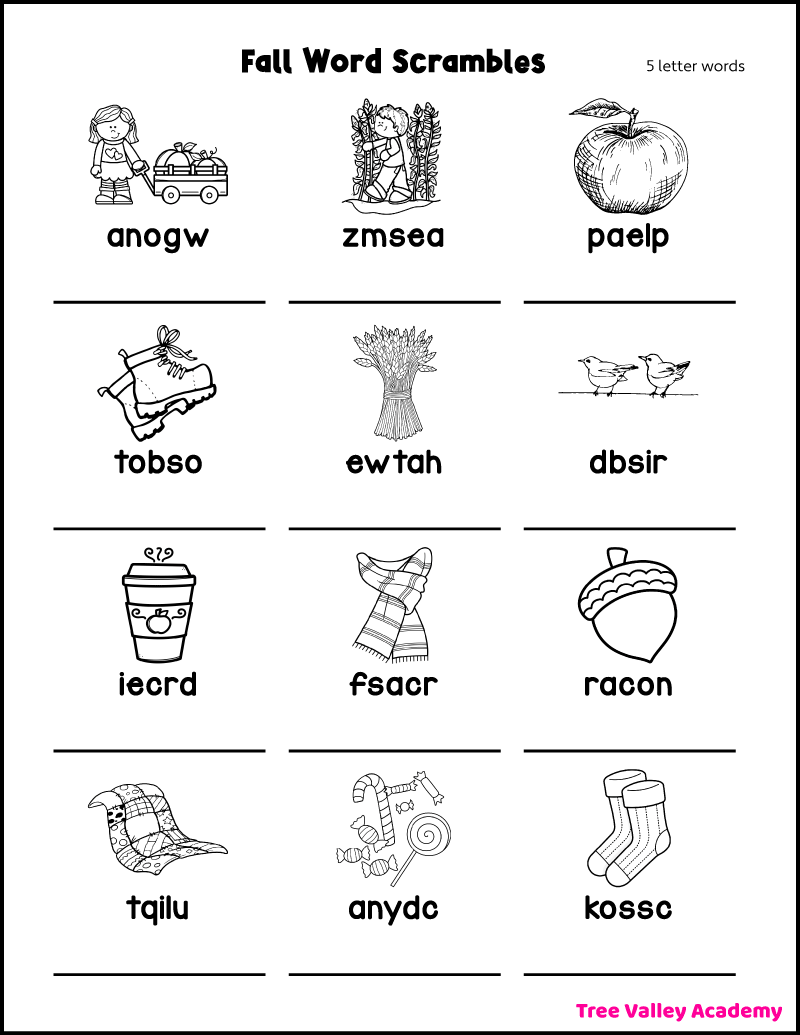 Fall Word Scramble Worksheets - Tree Valley Academy