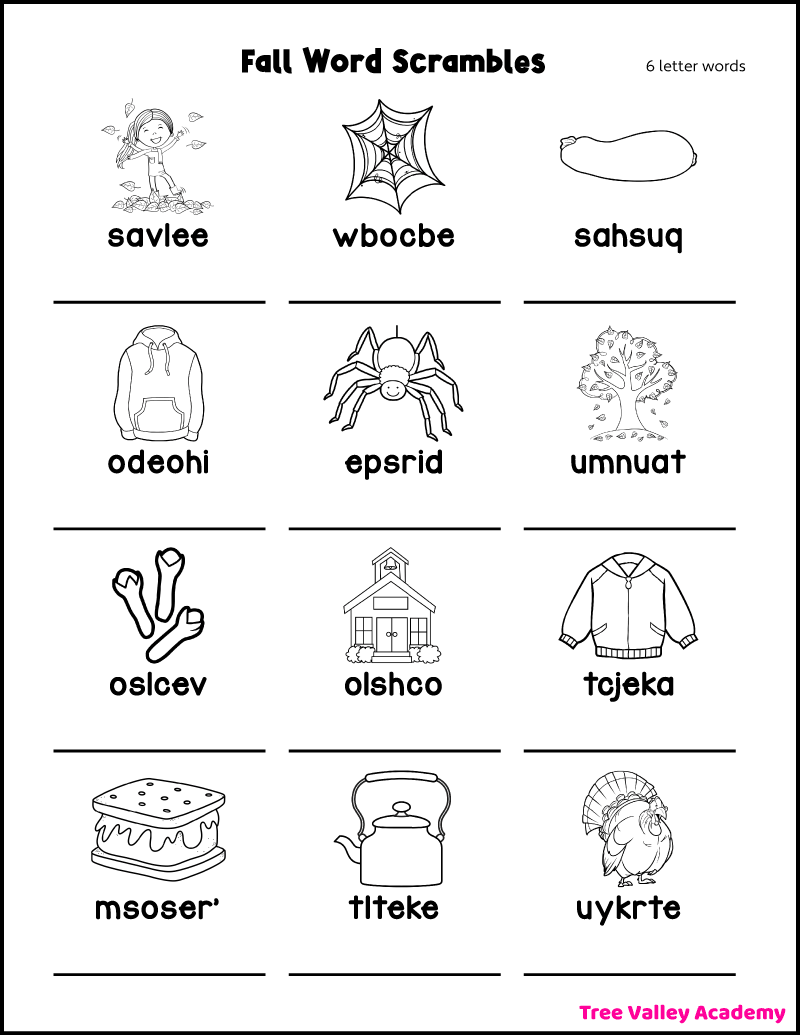Fall Word Scramble Worksheets - Tree Valley Academy
